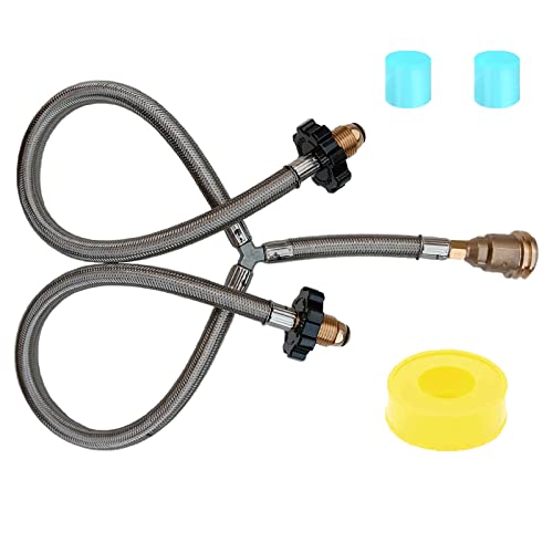 Upgraded Stainless Braided Y-Splitter Dual Propane Tank Connection Hose Kit,Two Way POL & QCC1 Regulator Exit Adapter to Connect 5-100lbs Cylinder Tank for Heater Grill BBQ and Other Propane Equipment