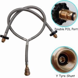 Upgraded Stainless Braided Y-Splitter Dual Propane Tank Connection Hose Kit,Two Way POL & QCC1 Regulator Exit Adapter to Connect 5-100lbs Cylinder Tank for Heater Grill BBQ and Other Propane Equipment