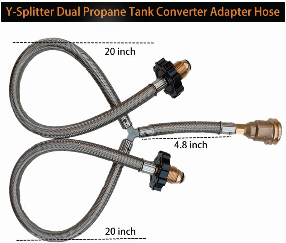 Upgraded Stainless Braided Y-Splitter Dual Propane Tank Connection Hose Kit,Two Way POL & QCC1 Regulator Exit Adapter to Connect 5-100lbs Cylinder Tank for Heater Grill BBQ and Other Propane Equipment