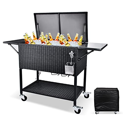 OKIDA Rolling Wicker Cooler Cart Outdoors, 80 Quart Ice Chest with Bottle Opener, Portable Beverage Bar for Patio Pool Party, Rattan Cooler Trolley with Stainless Cutting Board and Waterproof Cover