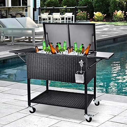 OKIDA Rolling Wicker Cooler Cart Outdoors, 80 Quart Ice Chest with Bottle Opener, Portable Beverage Bar for Patio Pool Party, Rattan Cooler Trolley with Stainless Cutting Board and Waterproof Cover