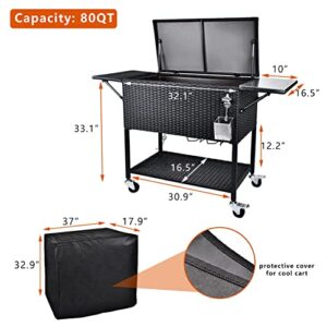 OKIDA Rolling Wicker Cooler Cart Outdoors, 80 Quart Ice Chest with Bottle Opener, Portable Beverage Bar for Patio Pool Party, Rattan Cooler Trolley with Stainless Cutting Board and Waterproof Cover