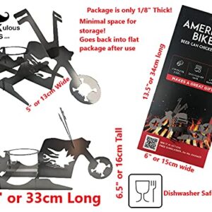 Flaming Bike Beer Can Chicken Stand! Beer chicken roaster; Stainless steel Chicken roasting rack for BBQ, Grill, oven; Great Gift! Stores flat--Space Saver! Includes SUNGLASSES…for the Chicken!