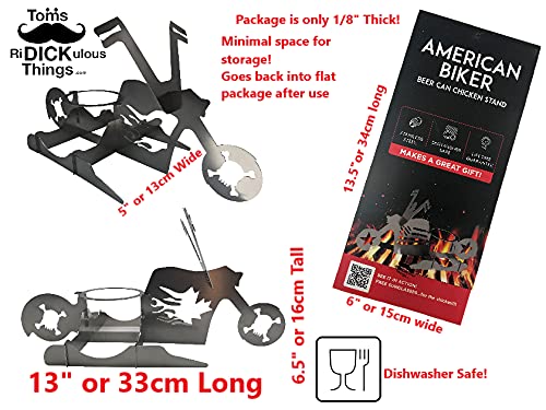 Flaming Bike Beer Can Chicken Stand! Beer chicken roaster; Stainless steel Chicken roasting rack for BBQ, Grill, oven; Great Gift! Stores flat--Space Saver! Includes SUNGLASSES…for the Chicken!