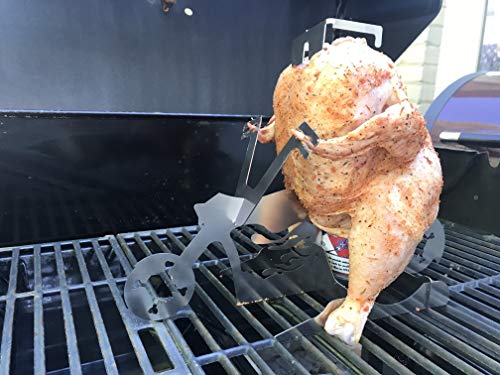 Flaming Bike Beer Can Chicken Stand! Beer chicken roaster; Stainless steel Chicken roasting rack for BBQ, Grill, oven; Great Gift! Stores flat--Space Saver! Includes SUNGLASSES…for the Chicken!