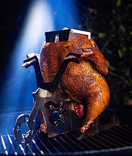 Flaming Bike Beer Can Chicken Stand! Beer chicken roaster; Stainless steel Chicken roasting rack for BBQ, Grill, oven; Great Gift! Stores flat--Space Saver! Includes SUNGLASSES…for the Chicken!