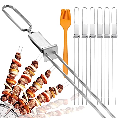 Skewers for Grilling- 17" Long Double Pronged BBQ Skewers with Push Bar- Shish Kabob Skewers - Stainless Steel Skewer Sticks for Camping or family - Reusable Skewers - 6 Pack