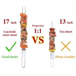 Skewers for Grilling- 17" Long Double Pronged BBQ Skewers with Push Bar- Shish Kabob Skewers - Stainless Steel Skewer Sticks for Camping or family - Reusable Skewers - 6 Pack