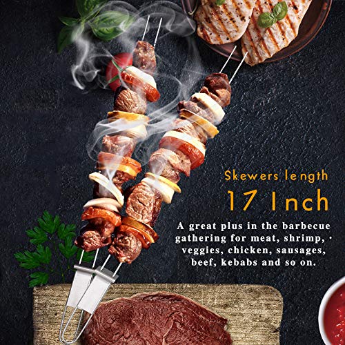 Skewers for Grilling- 17" Long Double Pronged BBQ Skewers with Push Bar- Shish Kabob Skewers - Stainless Steel Skewer Sticks for Camping or family - Reusable Skewers - 6 Pack