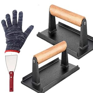 3 pack cast iron grill press bacon press 8 x 4 inch +glove+ pre seasoned burger press sandwich press meat press for griddle, bbq, burgers, bread, steaks