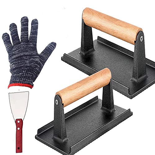 3 Pack Cast Iron Grill Press Bacon Press 8 x 4 Inch +Glove+ Pre Seasoned Burger Press Sandwich Press Meat Press for Griddle, BBQ, Burgers, Bread, Steaks