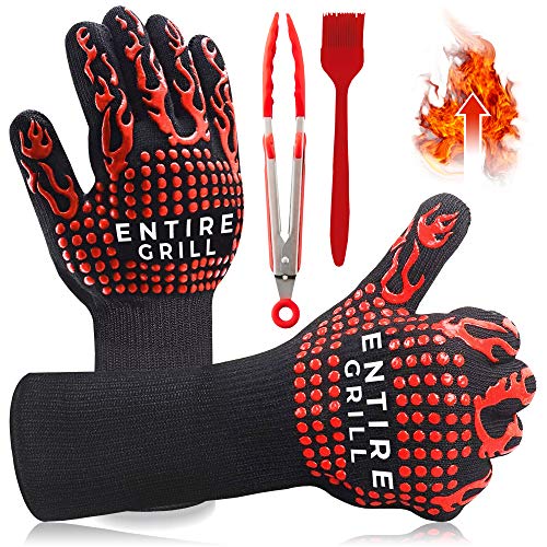 Entire 3 in 1 BBQ Grill Gloves, Extreme Heat Resistant, Insulated Fireproof Silicone Oven Mitts for Cooking, Grilling, Barbecue, Non-Slip Grip Pair with Silicone Brush & BBQ Grilling Tong