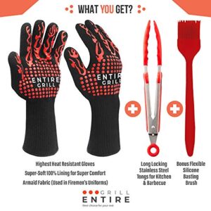 Entire 3 in 1 BBQ Grill Gloves, Extreme Heat Resistant, Insulated Fireproof Silicone Oven Mitts for Cooking, Grilling, Barbecue, Non-Slip Grip Pair with Silicone Brush & BBQ Grilling Tong