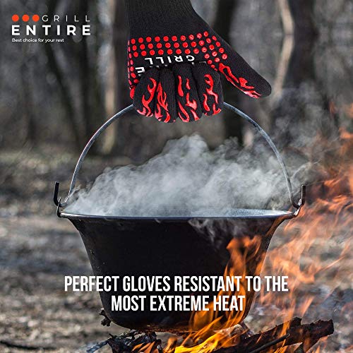 Entire 3 in 1 BBQ Grill Gloves, Extreme Heat Resistant, Insulated Fireproof Silicone Oven Mitts for Cooking, Grilling, Barbecue, Non-Slip Grip Pair with Silicone Brush & BBQ Grilling Tong