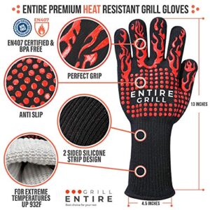 Entire 3 in 1 BBQ Grill Gloves, Extreme Heat Resistant, Insulated Fireproof Silicone Oven Mitts for Cooking, Grilling, Barbecue, Non-Slip Grip Pair with Silicone Brush & BBQ Grilling Tong