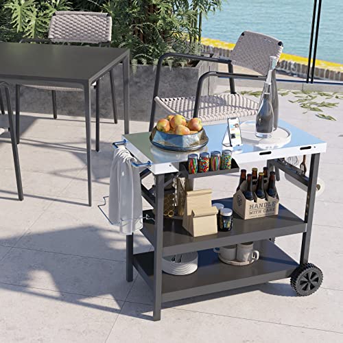 PETSITE Outdoor Grill Cart, Foldable BBQ Pizza Oven Stand, Movable Food Prep Table with Stainless Steel Tabletop & Wheels, Portable Griddle Dining Kitchen Island Cart Station for Bar Patio Outside