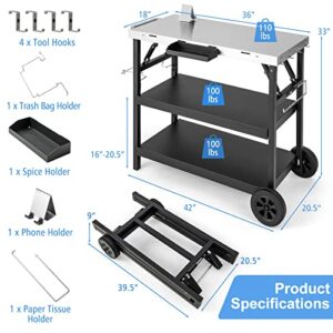 PETSITE Outdoor Grill Cart, Foldable BBQ Pizza Oven Stand, Movable Food Prep Table with Stainless Steel Tabletop & Wheels, Portable Griddle Dining Kitchen Island Cart Station for Bar Patio Outside