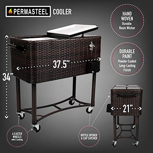 Permasteel PS-208-BB-AM 80 Quart Portable Rolling Patio Cooler, Dark Wicker