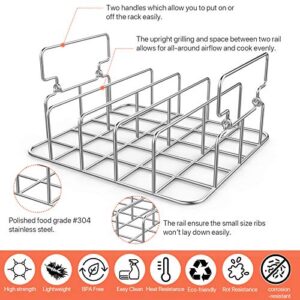 Durable Stainless Steel Rib Rack with a Silicone Oil Brush, BBQ Stand with 2 Handle for Smoker,Oven and Grill, Cook up to 5 Ribs at a time