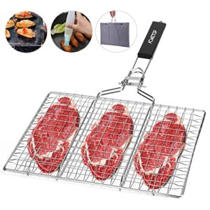 acmetop portable bbq grill basket stainless steel fish grill basket with removable handle, grill accessories for outdoor grill vegetables fishes shrimp -【bonus grill mat, sauce brush & carrying pouch】