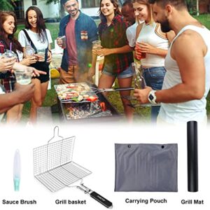 ACMETOP Portable BBQ Grill Basket Stainless Steel Fish Grill Basket with Removable Handle, Grill Accessories for Outdoor Grill Vegetables Fishes Shrimp -【Bonus Grill Mat, Sauce Brush & Carrying Pouch】