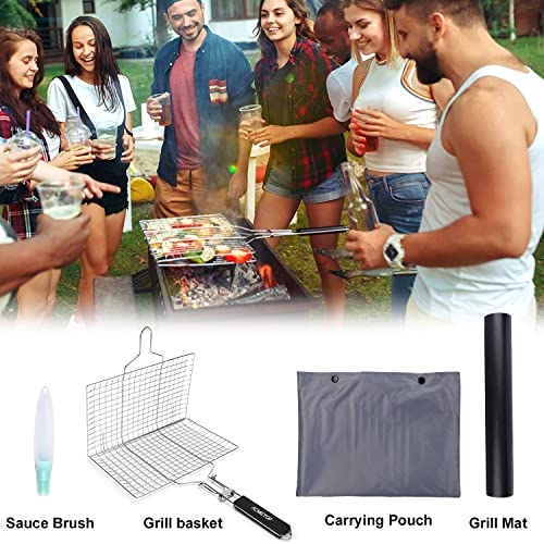 ACMETOP Portable BBQ Grill Basket Stainless Steel Fish Grill Basket with Removable Handle, Grill Accessories for Outdoor Grill Vegetables Fishes Shrimp -【Bonus Grill Mat, Sauce Brush & Carrying Pouch】