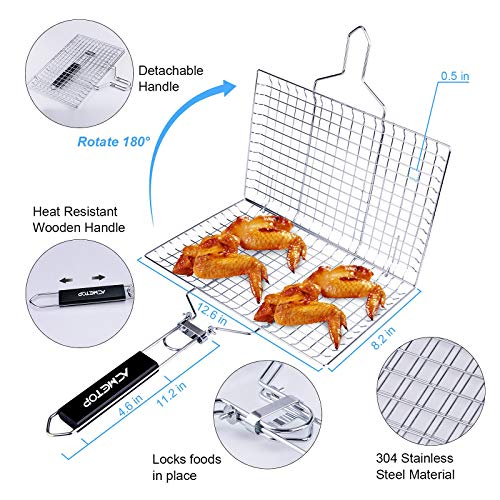 ACMETOP Portable BBQ Grill Basket Stainless Steel Fish Grill Basket with Removable Handle, Grill Accessories for Outdoor Grill Vegetables Fishes Shrimp -【Bonus Grill Mat, Sauce Brush & Carrying Pouch】