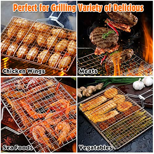 ACMETOP Portable BBQ Grill Basket Stainless Steel Fish Grill Basket with Removable Handle, Grill Accessories for Outdoor Grill Vegetables Fishes Shrimp -【Bonus Grill Mat, Sauce Brush & Carrying Pouch】