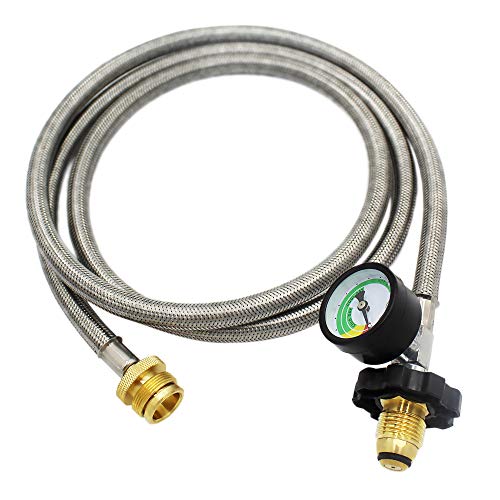 MENSI Update New Braided Propane Hose with Temperature Pressure Gauge Convert 1lb Portable Appliances to 5-40lb Tank Cylinder (POL CGA Type for 50-100lbs Cylinder)