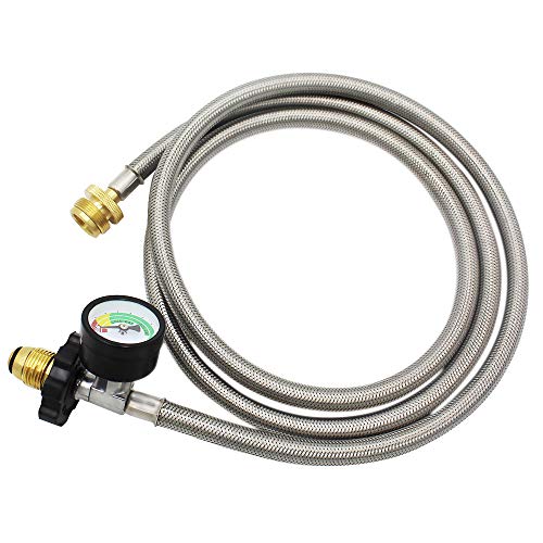 MENSI Update New Braided Propane Hose with Temperature Pressure Gauge Convert 1lb Portable Appliances to 5-40lb Tank Cylinder (POL CGA Type for 50-100lbs Cylinder)