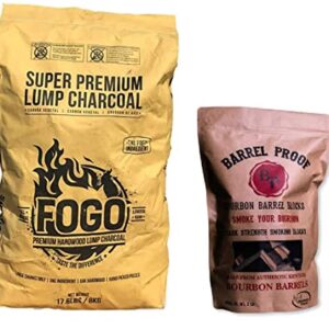 FOGO Super Premium Hardwood Lump Charcoal, Natural Large Sized Lump Charcoal, 17.6 Pound Bag and FOGO Barrel Proof Bourbon Barrel Blocks, 2 Pound Resealable Bag, Bundle