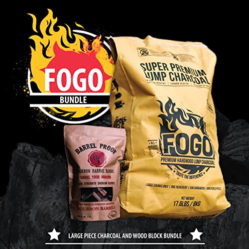 FOGO Super Premium Hardwood Lump Charcoal, Natural Large Sized Lump Charcoal, 17.6 Pound Bag and FOGO Barrel Proof Bourbon Barrel Blocks, 2 Pound Resealable Bag, Bundle