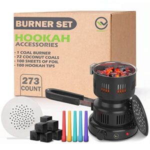 coal burner, accessories set, electric charcoal burner for coals, portable coal stove, quick heating, 72 coconut coals,100 foil sheets, and 100 tips included (burner with coconut coals, foil, tips)