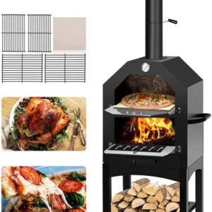 Waleaf Outdoor Pizza Oven, Wood Fired Pizza Oven for Outside with Grill, 12 in Pizza Stone and Wheels, Pizza Maker Camping Cooker with 2 Layer Steel for Backyard Party