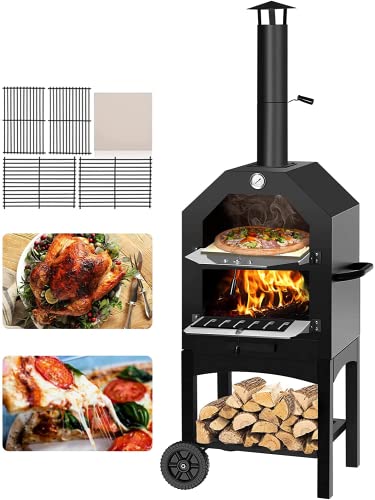 Waleaf Outdoor Pizza Oven, Wood Fired Pizza Oven for Outside with Grill, 12 in Pizza Stone and Wheels, Pizza Maker Camping Cooker with 2 Layer Steel for Backyard Party