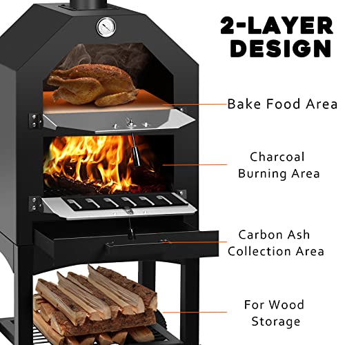 Waleaf Outdoor Pizza Oven, Wood Fired Pizza Oven for Outside with Grill, 12 in Pizza Stone and Wheels, Pizza Maker Camping Cooker with 2 Layer Steel for Backyard Party