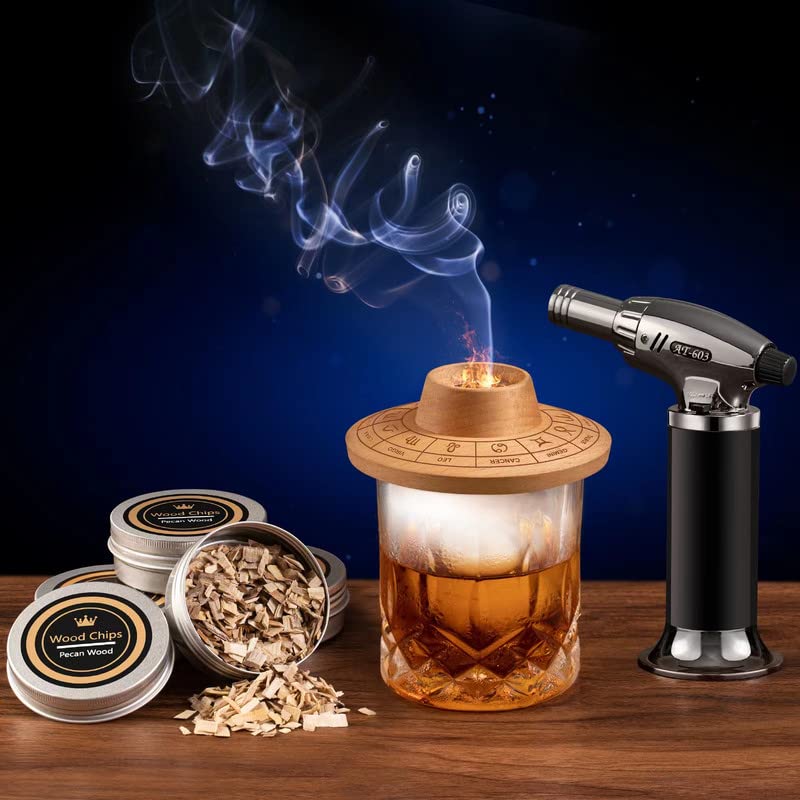 VEPEMVA Old Fashioned Cocktail Smoker Kit with Smoke Infuser, Torch, and Cherry, Pecan, Oak, and Apple Wood Chips, Professional Liquor Smoking Accessories for Whiskey, Bourbon, and Flavored Drinks