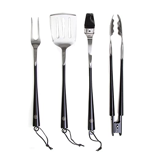 Schmidt Brothers - BBQ Carbon 6, 4-Piece Grilling Accessory Set, Full-Forged Stainless Steel Grilling Utensils Including Spatula, Fork, Basting Brush, and Tongs with All Wood Handles