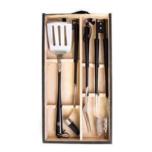 Schmidt Brothers - BBQ Carbon 6, 4-Piece Grilling Accessory Set, Full-Forged Stainless Steel Grilling Utensils Including Spatula, Fork, Basting Brush, and Tongs with All Wood Handles