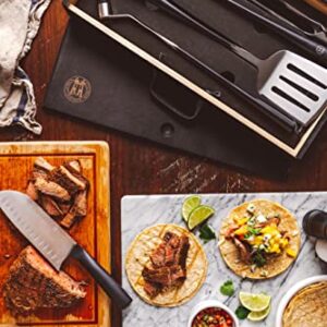 Schmidt Brothers - BBQ Carbon 6, 4-Piece Grilling Accessory Set, Full-Forged Stainless Steel Grilling Utensils Including Spatula, Fork, Basting Brush, and Tongs with All Wood Handles