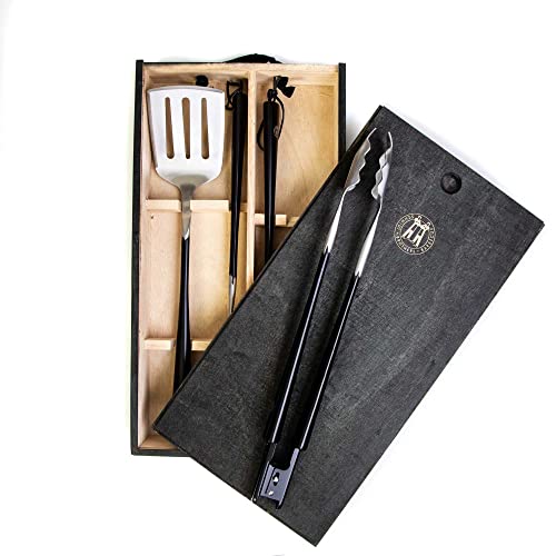 Schmidt Brothers - BBQ Carbon 6, 4-Piece Grilling Accessory Set, Full-Forged Stainless Steel Grilling Utensils Including Spatula, Fork, Basting Brush, and Tongs with All Wood Handles