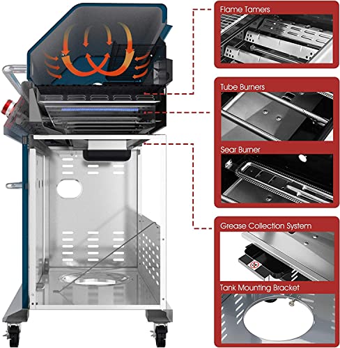 Royal Gourmet GA5403B 5-Burner BBQ Cabinet Style Propane Gas Grill with Rotisserie Kit, Sear Burner, Rear Burner and Side Burner, 74,000 BTU Patio Picnic Backyard, Outdoor Party, Blue