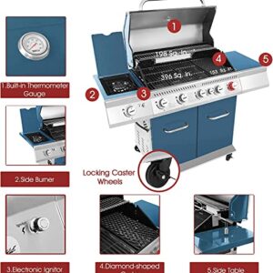 Royal Gourmet GA5403B 5-Burner BBQ Cabinet Style Propane Gas Grill with Rotisserie Kit, Sear Burner, Rear Burner and Side Burner, 74,000 BTU Patio Picnic Backyard, Outdoor Party, Blue