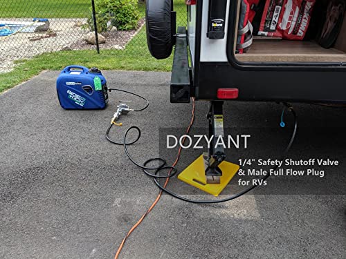 DOZYANT 12 feet Low Pressure Propane Quick-Connect Hose, RV Quick Connect Propane Hose, Quick Disconnect Propane Hose Extension - 1/4” Safety Shutoff Valve & Male Full Flow Plug for RVs