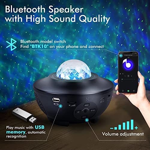 Star Projector, Galaxy Night Light Projector with Bluetooth Music Speaker, 14 Color Moving Ocean Wave Effects, Skylight with Remote&Upgraded Smart App&Alexa Control, Present for Kids, Adults (Black)