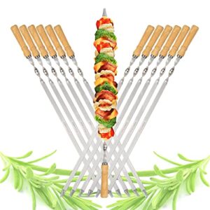 【new】23.6″ large size kabob skewers flat metal bbq barbecue skewer wooden handle stainless steel shish kabob stick wide reusable grilling set meat shrimp chicken vegetable kebab fork sausage-12pcs