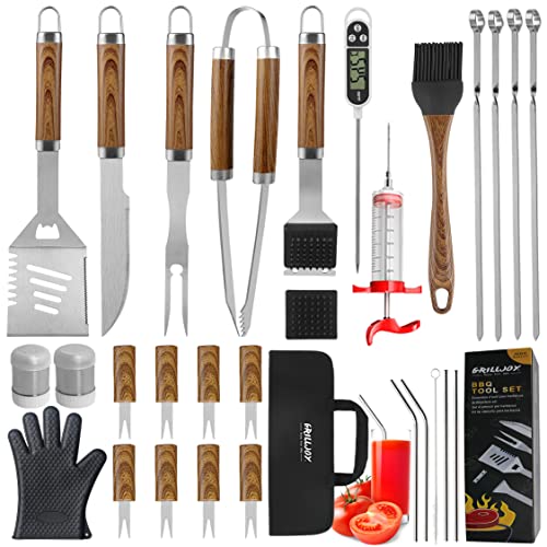 grilljoy 30PCS BBQ Grill Tools Set with Thermometer and Meat Injector. Extra Thick Stainless Steel Fork, Tongs& Spatula - Complete Grilling Accessories in Portable Bag - Perfect Grill Gifts for Men