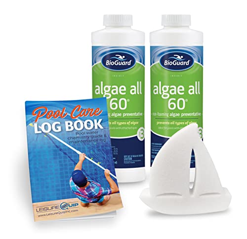 BioGuard Algae All 60 Swimming Pool Algaecide 2 Pack with LeisureQuip ScumBoat Scum Absorber and LeisureQuip Pool Log Book