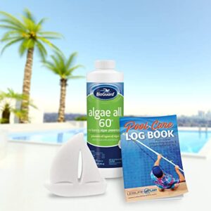 BioGuard Algae All 60 Swimming Pool Algaecide 2 Pack with LeisureQuip ScumBoat Scum Absorber and LeisureQuip Pool Log Book