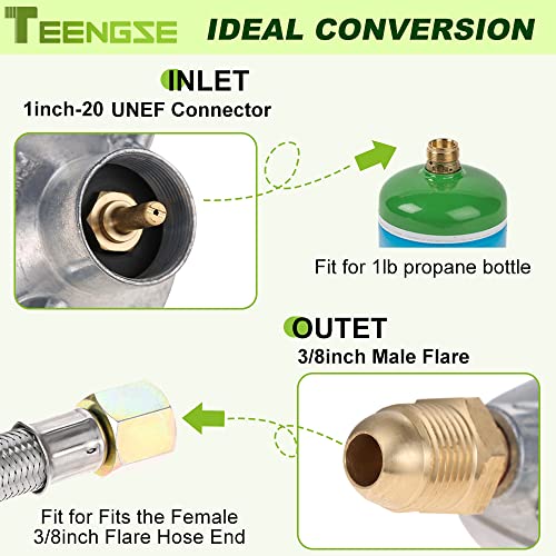 TEENGSE Propane Regulator Valve, Low Pressure Regulator with 3/8inch Male Flare Fitting for 1LB Standard Propane Tank and Extension Hose with 3/8inch Female Flare Fitting